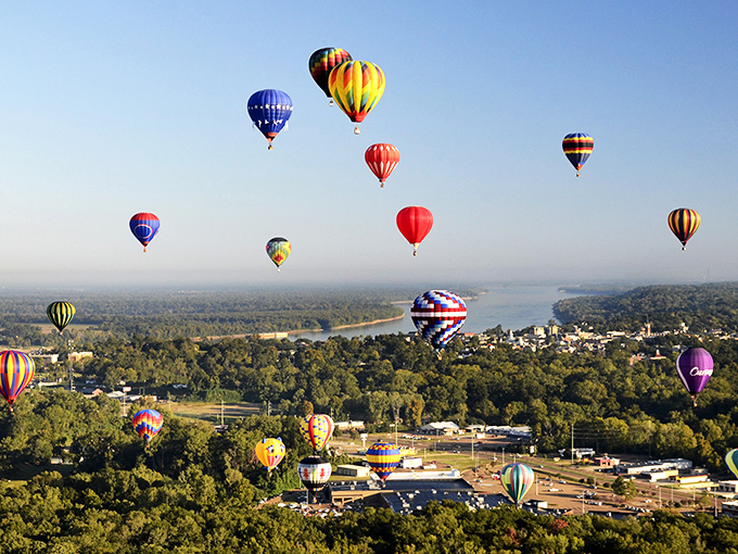 During the Natchez Balloon Festival, the sky becomes a painter's palette of hot air balloons floating majestically above America's most historic river town.