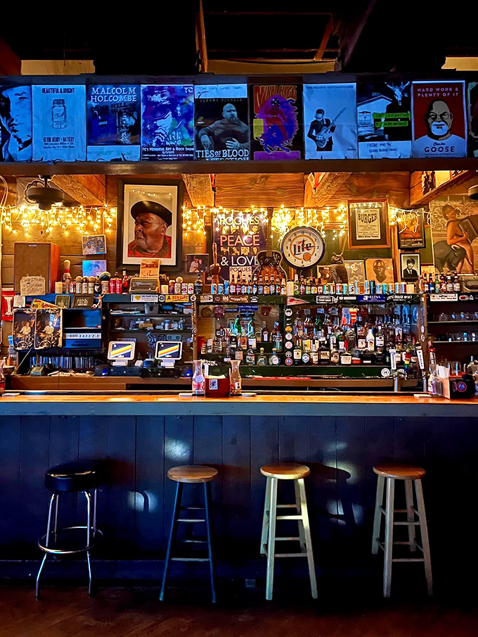 The bar's impressive bottle collection isn't about fancy mixology—it's a promise that whatever your poison, they've got you covered.