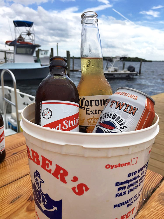 The official beverage service at Star Fish: cold beer in a bucket, with a side of waterfront views.