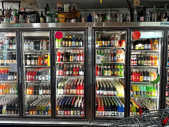 The wall of vintage sodas that makes you question why we ever settled for just cola and lemon-lime. Nostalgia in fizzy, technicolor glory.