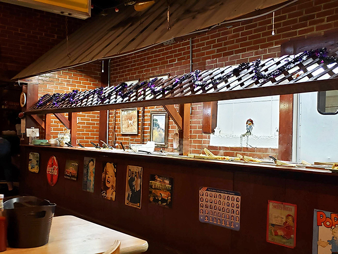 The buffet line showcases Southern classics where calories don't count and second helpings are practically mandatory.