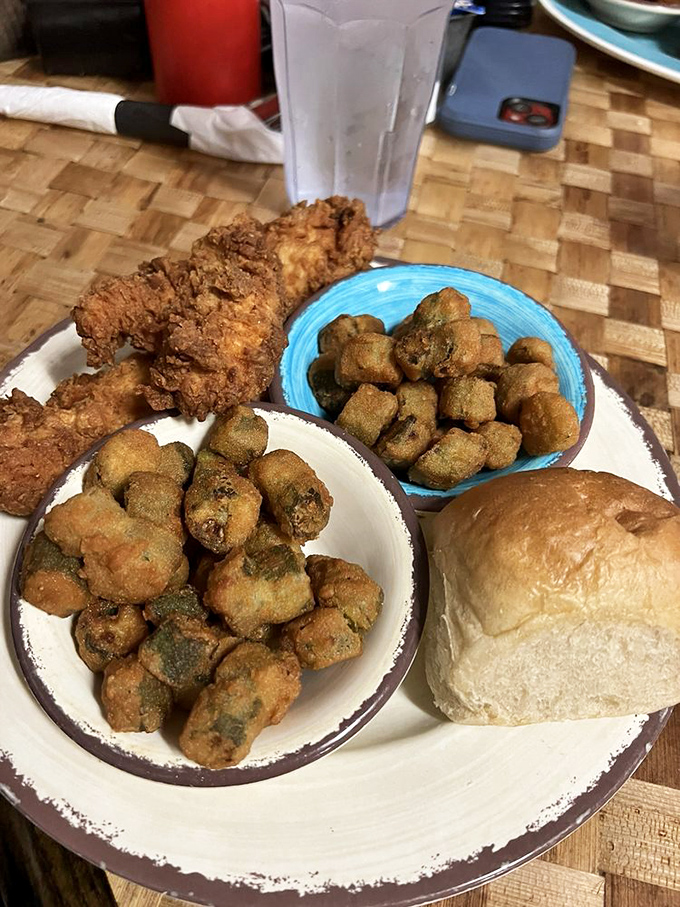 Crispy chicken tenders that actually taste like chicken, paired with fried okra that pops with flavor—proof that simple food done right is culinary magic.