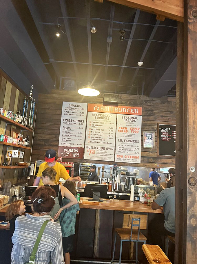 Order at the counter, then prepare for burger bliss. The menu boards loom like tablets of delicious commandments from above.