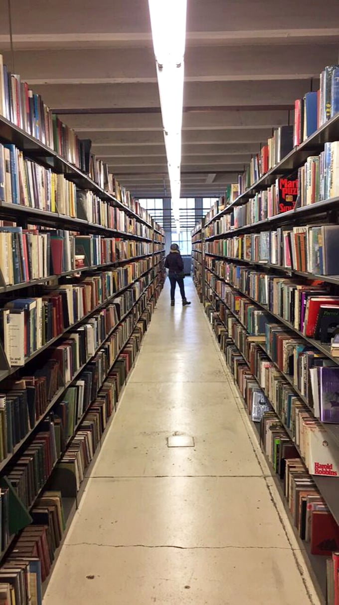 A lone browser contemplates the infinite possibilities stretching before him&mdash;each aisle a road less traveled, each book a potential adventure.