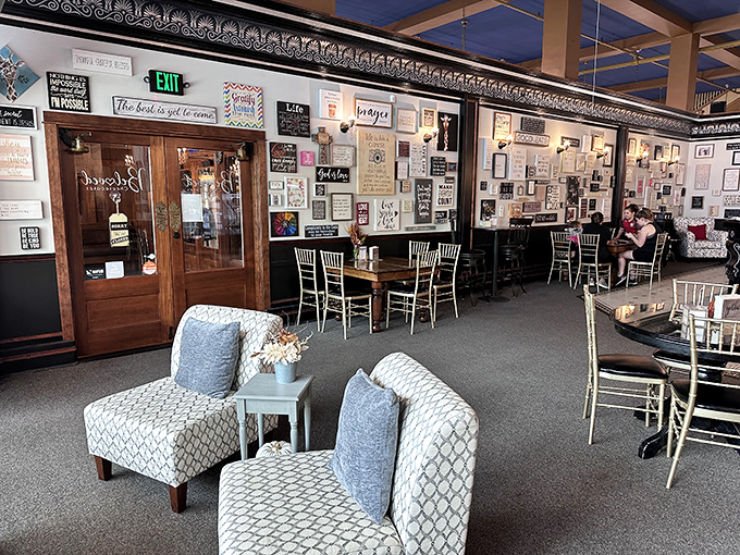 The wall of inspirational signs reminds you that calories consumed while reading positive messages don't count. That's just science.