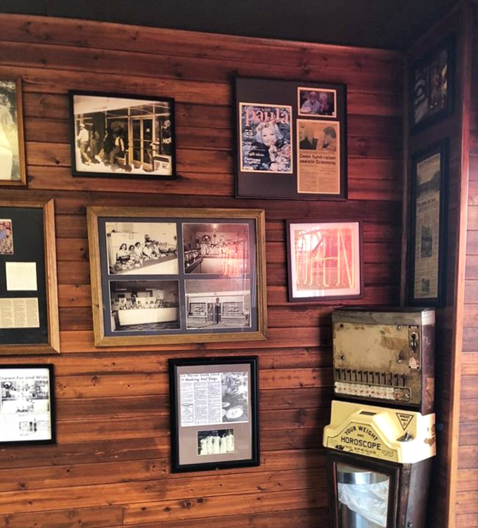 The wall of memories tells Jimmie's story better than any website could – decades of serving happiness on a bun, one customer at a time.