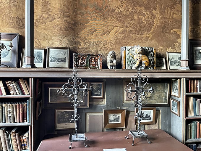 Bookshelves and artifacts arranged with the casual perfection of someone who understood that a home should reflect its owner's curiosities.