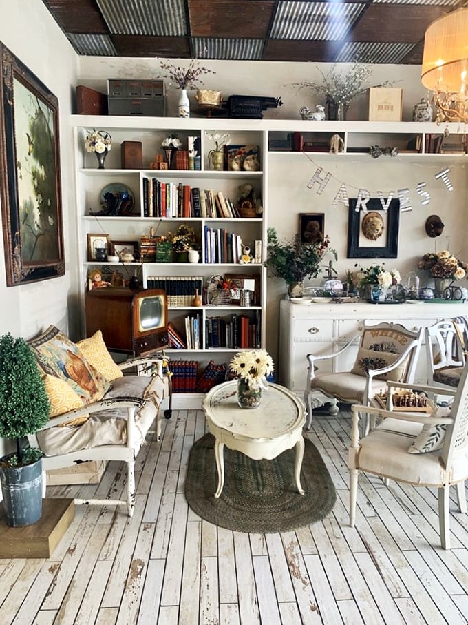 A shabby-chic seating area worthy of a design magazine—but it's the desserts that deserve the real photoshoot.