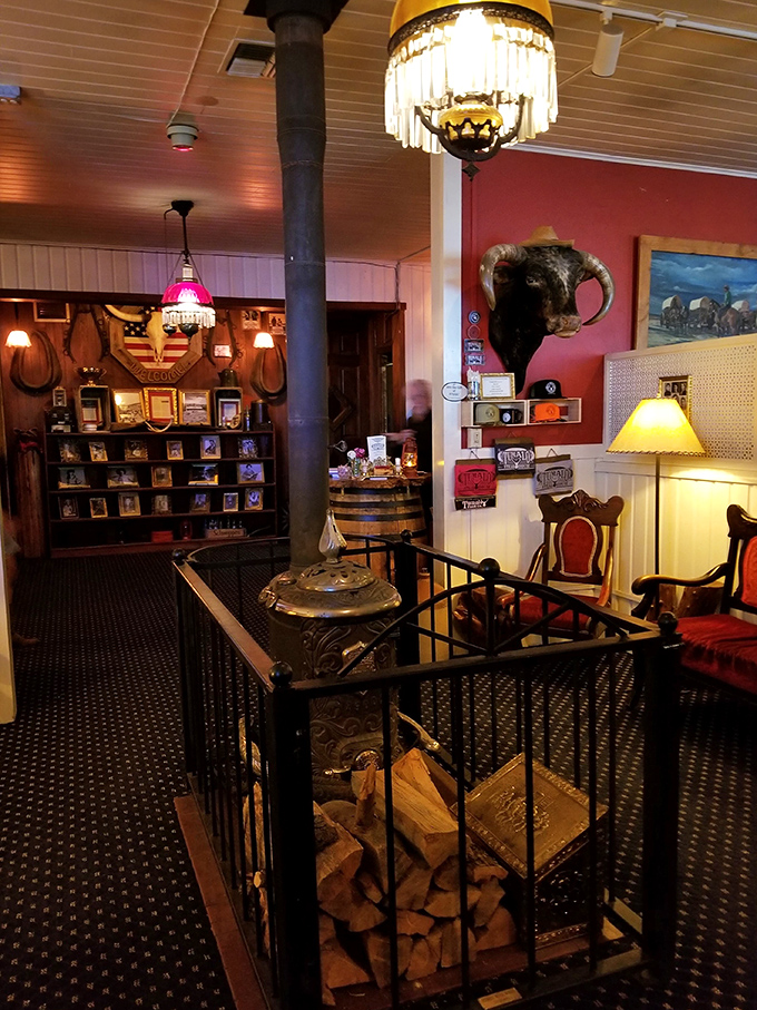 The mounted bull's head isn't just decor&mdash;it's a silent reminder that you're in serious cattle country now. That wood stove means business. 