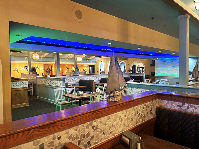 Blue lighting and stone accents create that "coastal without trying too hard" atmosphere that makes you instantly relax into vacation mode.