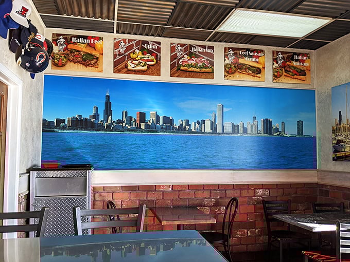 That magnificent Chicago skyline mural – reminding you where these flavors were born while you feast 1,700 miles from Lake Michigan.