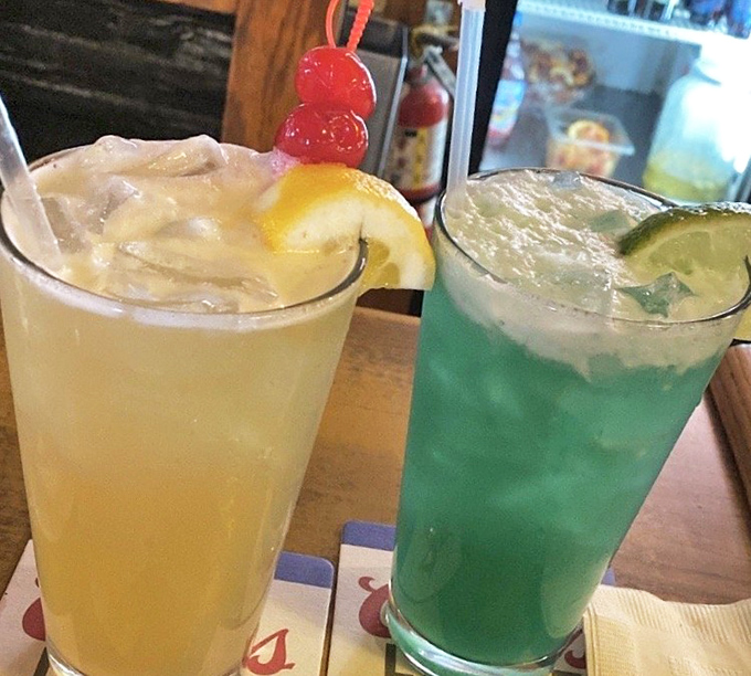 Cocktails that bring tropical vacation vibes to Ohio. The blue one isn't just a drink&mdash;it's what mermaids would order if they had happy hour.