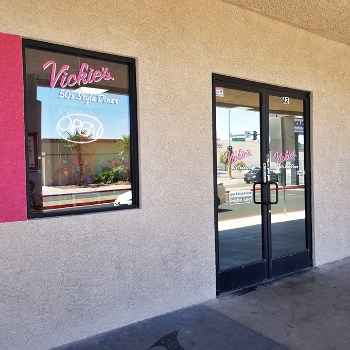 The entrance to Vickie's promises what Vegas rarely delivers: honest value, no gimmicks, and food that satisfies without requiring a second mortgage.