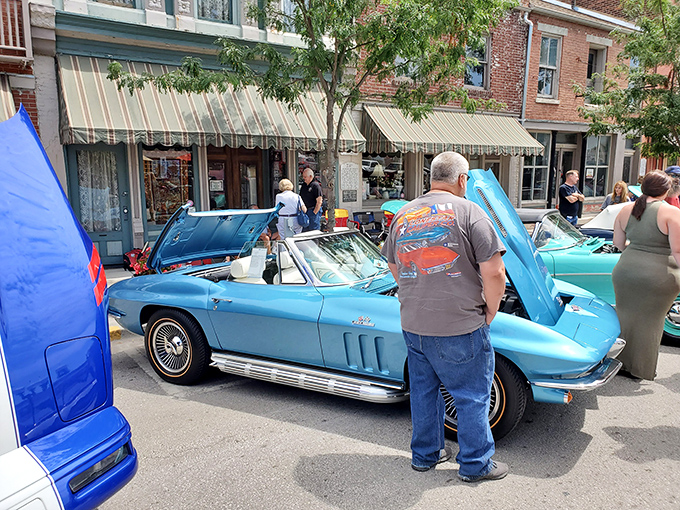 Classic cars line Main Street during one of Hannibal's many festivals&mdash;chrome gleaming in the sunshine like the river on a clear day.
