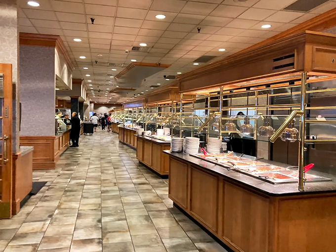 Buffet stations stretching toward the horizon like a food mirage that, miraculously, doesn't disappear when you approach.