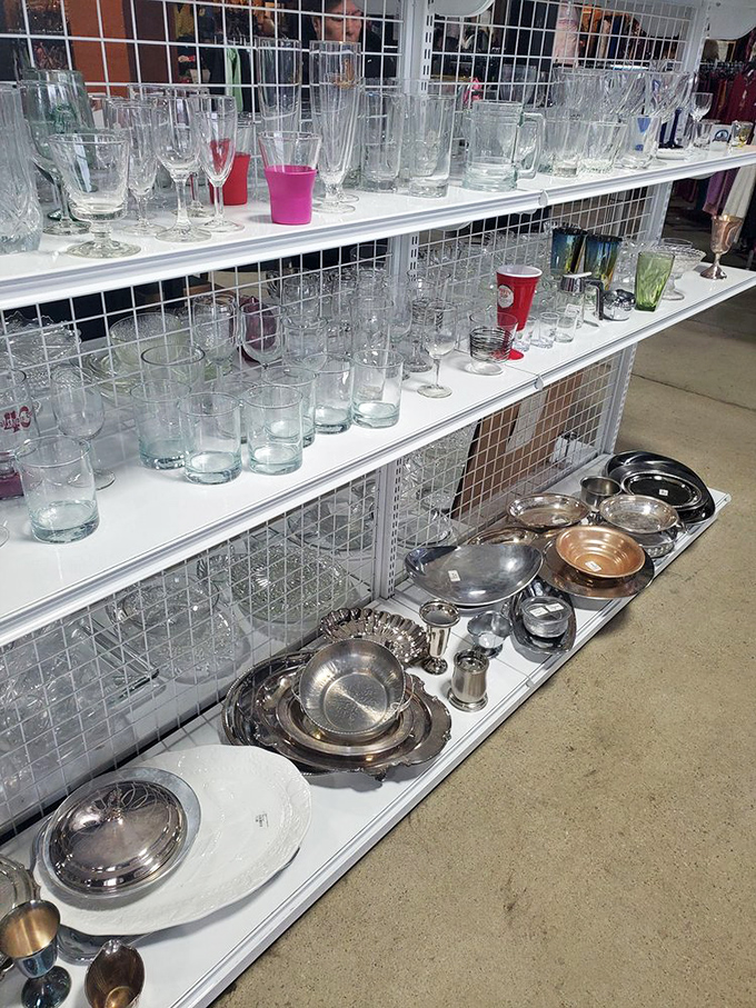 Glassware heaven, where your mismatched collection can find its missing siblings. Those silver serving platters have stories of holiday dinners past.