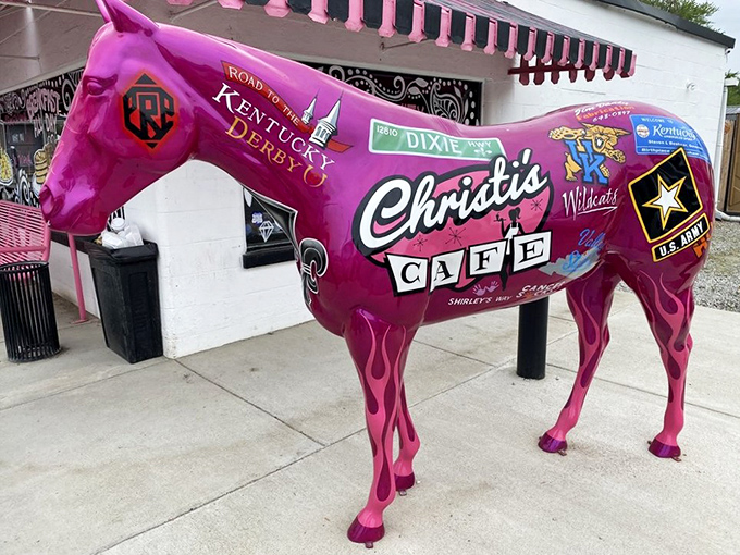 Outside stands the pink derby horse statue, proving that in Louisville, even the d&eacute;cor understands that life's too short for beige.