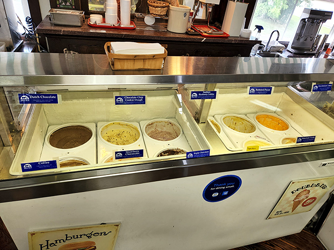 Ice cream flavors displayed like buried treasure. The handwritten signs tell you this isn't mass-produced&mdash;it's the real deal waiting to be scooped into nostalgic bliss.