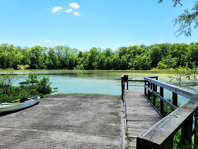 A boat launch ramp invites water adventures. The lake whispers promises of fish stories you'll be embellishing for years.
