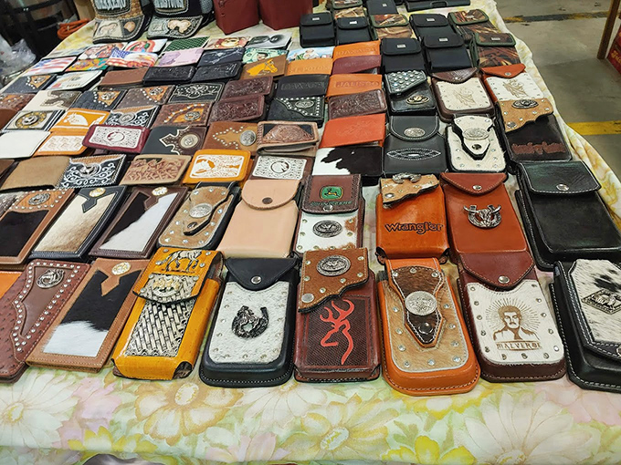 A kaleidoscope of leather phone cases spread like playing cards, each one competing to be the chosen protector of your precious device.