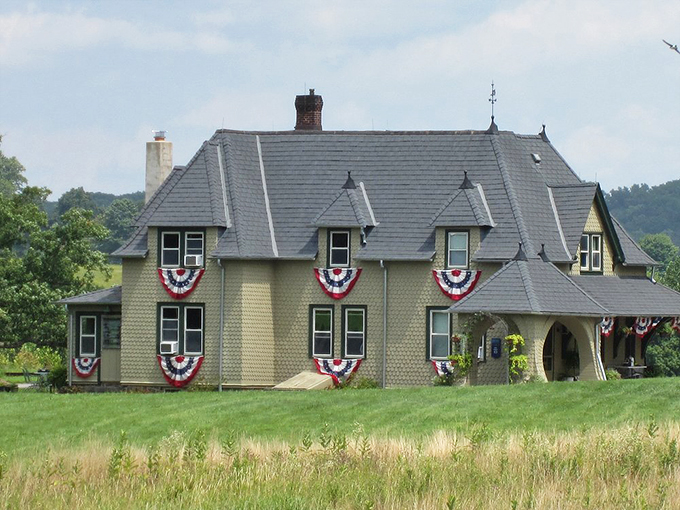 Stars and stripes adorn this charming estate like patriotic jewelry. The American flags transform this historic building into a celebration of national heritage and architectural beauty.
