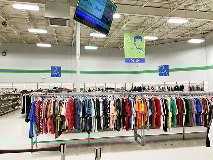 The men's department offers a kaleidoscope of colors and styles. That perfect vintage bowling shirt or barely-worn designer polo is hiding somewhere in this fashion forest. 