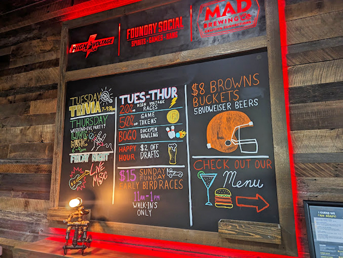 The menu board reveals High Voltage isn't just about racing—it's a full-fledged entertainment complex where speed meets socializing.