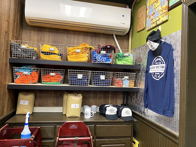 Merchandise corner: where you can take home the Early Bird spirit, if not the actual chicken and waffles (though we've all considered it).