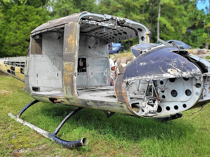 Unexpected lakeside artifact! This weathered helicopter fuselage adds a touch of intrigue to the landscape, sparking curiosity about its journey to this watery playground.