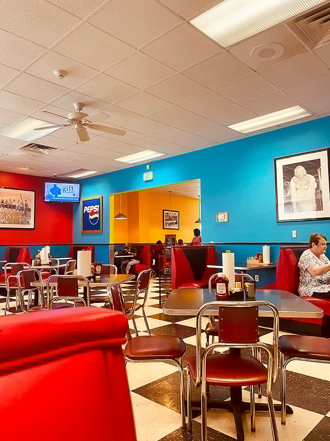 Bold colors and comfortable seating create the perfect backdrop for food that doesn't need fancy surroundings to shine.