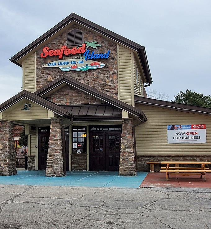 The sign announces "Cajun &bull; Seafood &bull; Boil &bull; Bar" with the confidence of someone who knows exactly what you didn't realize you were craving.