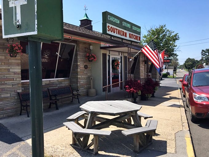 Outdoor seating with American flags fluttering overhead&mdash;a slice of small-town Virginia where the pace slows and the flavors intensify.