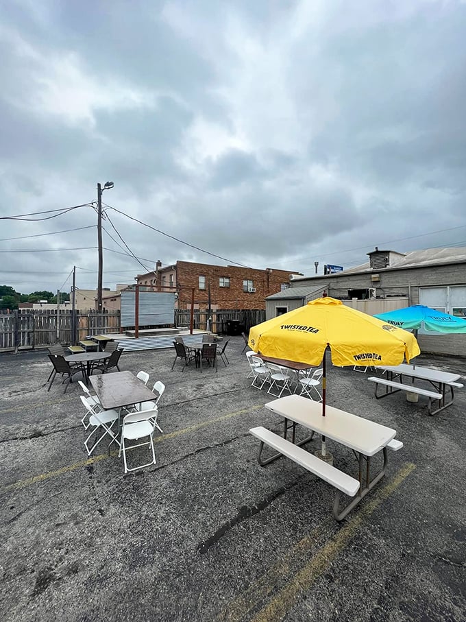 Kansas weather doesn't always cooperate, but when it does, these outdoor tables become prime real estate. Twisted Tea umbrellas optional but appreciated.