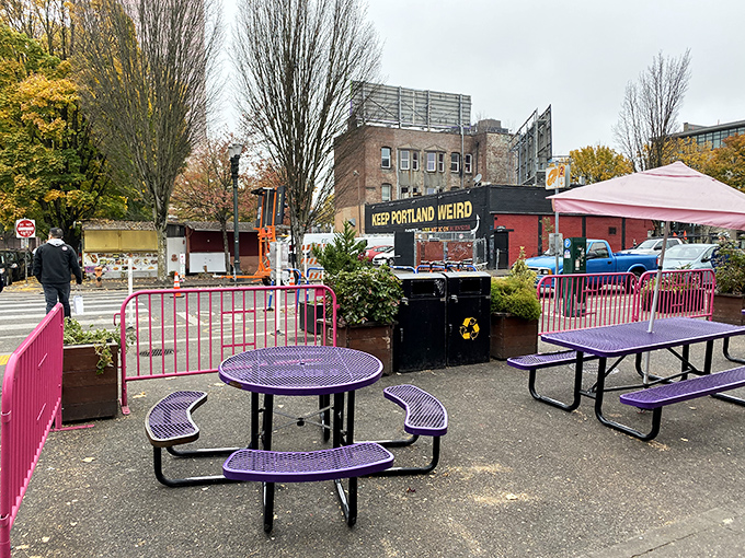 The unofficial "Keep Portland Weird" headquarters. Purple picnic tables welcome sugar-high patrons to enjoy their treasures in the shadow of Portland's famous motto.
