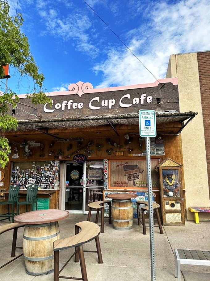 Outdoor seating that captures Boulder City's small-town charm. These barrel tables have witnessed countless first dates, family reunions, and "I needed to get out of Vegas" escapes.
