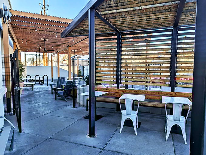 The outdoor seating area—where New Mexico's famous light transforms ordinary breakfast into a cinematic experience worth savoring.