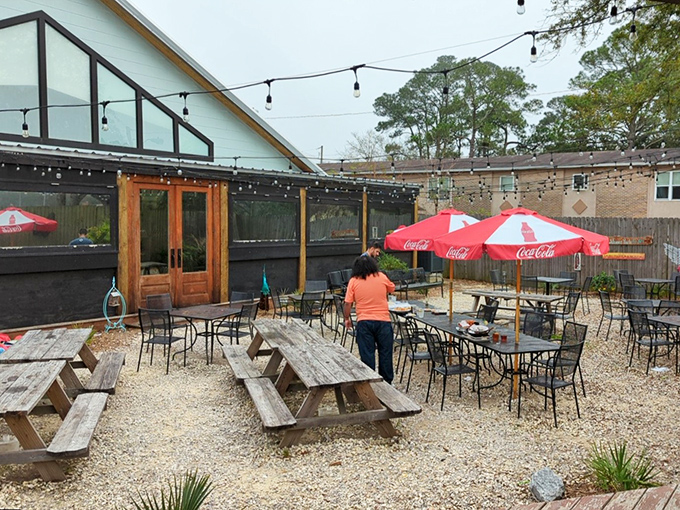 Outdoor seating under string lights where seafood tastes even better with a gentle breeze. Mississippi evenings were made for this.
