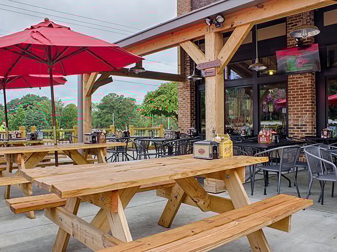 The outdoor seating area invites you to enjoy your feast al fresco, where the only thing better than the weather is what's on your plate.