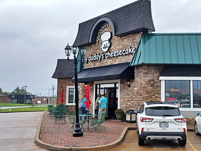 Even on cloudy days, the welcoming entrance with its distinctive roof and stonework beckons dessert lovers from miles around.