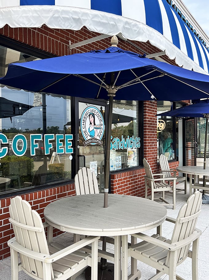 Adirondack chairs under blue umbrellas&mdash;because cheesecake tastes even better with a side of Florida sunshine and Gulf Coast breezes.