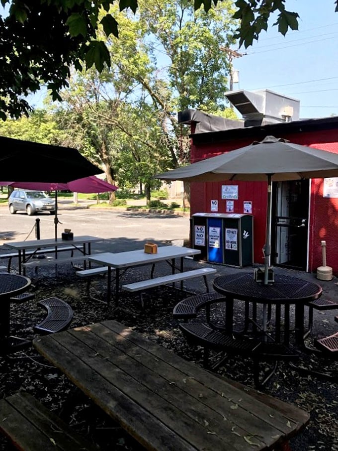 The outdoor seating area offers a Minnesota summer pleasure: enjoying your hot dog with a side of fresh air and sunshine.