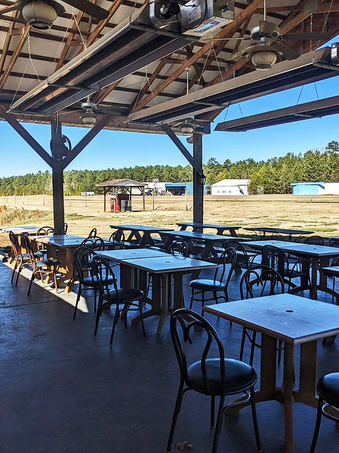 
The outdoor patio offers front-row seats to the airfield runway&mdash;dinner and a show where the entertainment arrives at 120 mph.