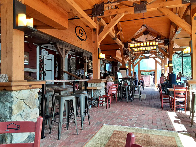 The covered patio beckons with its timber-framed charm&mdash;half rustic barn, half sophisticated dining space, all completely inviting.