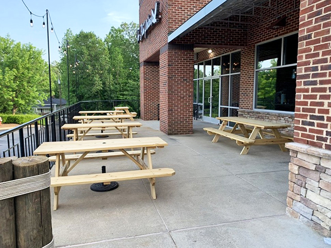 Al fresco dining done right. This clean-lined patio offers the perfect setting for enjoying seafood with a side of fresh North Carolina air.
