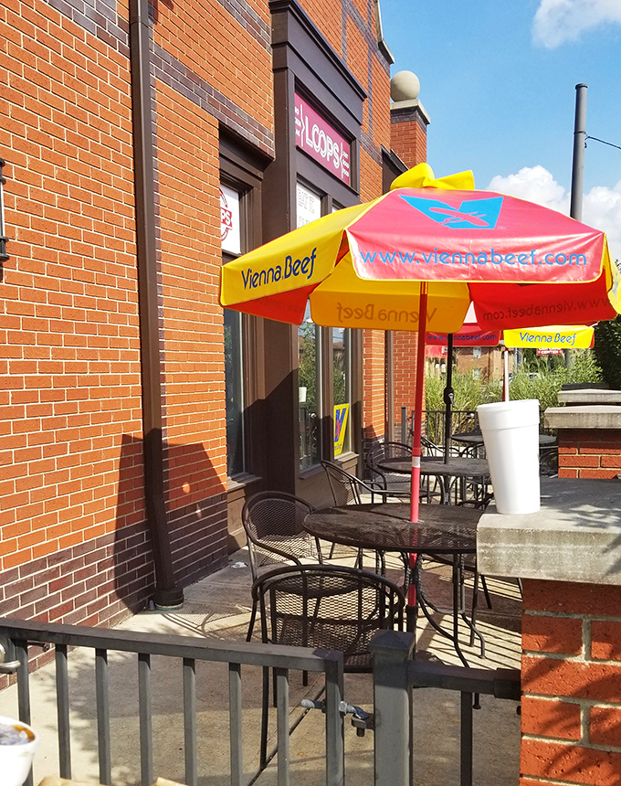 The outdoor patio, complete with Vienna Beef umbrella, offers the rare opportunity to enjoy your messy masterpiece in the Ohio sunshine.