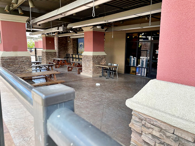 Al fresco dining, desert style. This patio offers the rare opportunity to enjoy Maryland seafood under the Nevada sun—a cross-country culinary adventure.