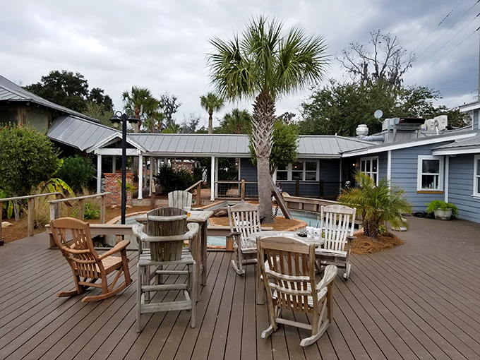 Rocking chairs on the deck create nature's waiting room. The only rush hour here is the tide coming in.
