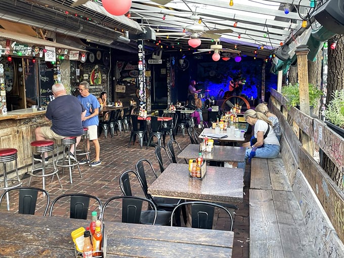 The covered patio offers front-row seats to both live music and people-watching &ndash; two essential food groups for the soul.
