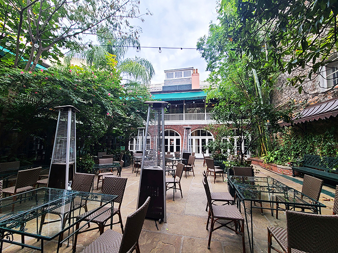 The courtyard patio offers a breath of fresh air among lush greenery&mdash;a perfect respite between courses or for sipping that third mimosa.