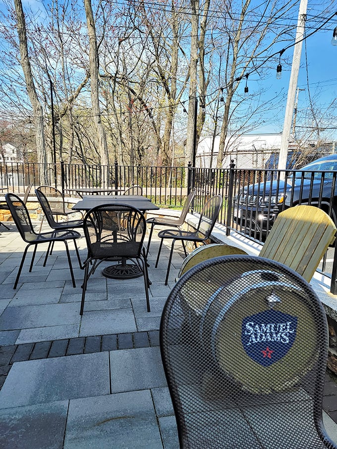 Outdoor seating that captures New England's brief but glorious warm season, with a Sam Adams nearby because, well, Massachusetts.
